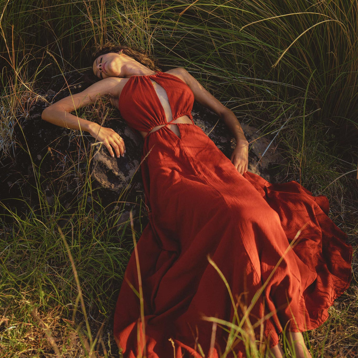 Red Goddess Dress • Fairy Tale Maxi Dress For Women • Cross Open Belly Back Dress | AYA Sacred Wear