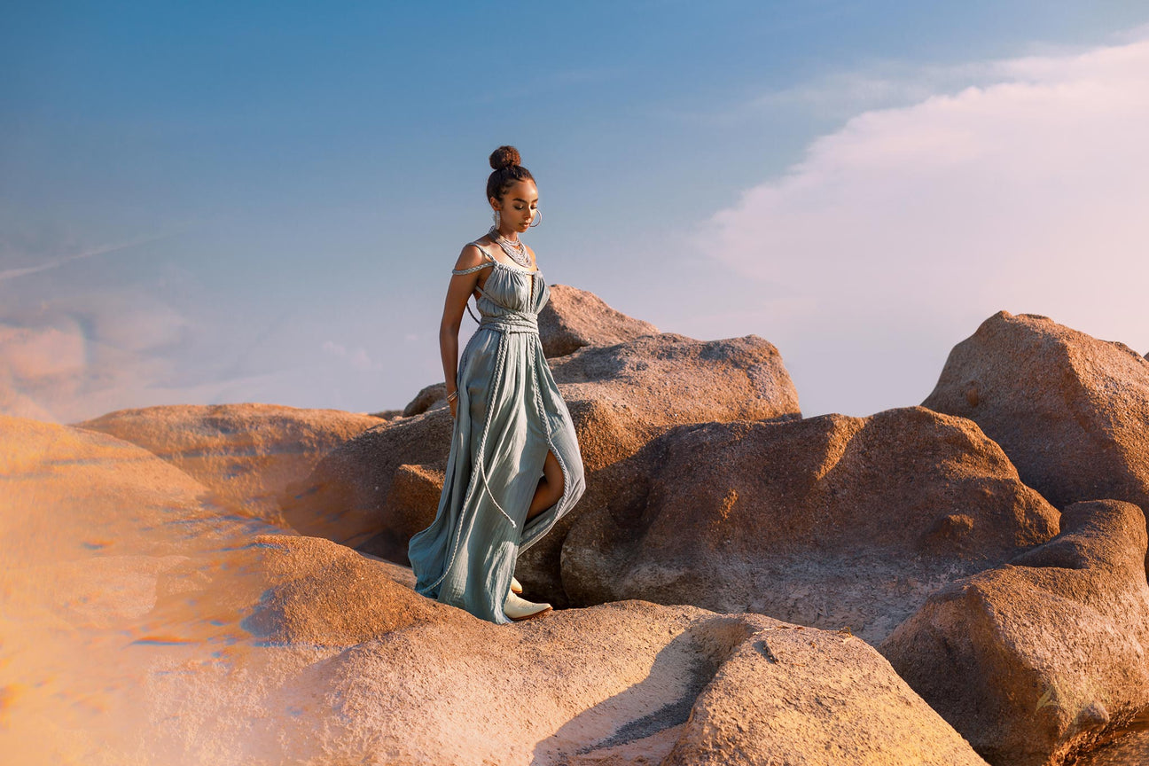 Sky Blue Greek Goddess Dress - Women's Boho Prom Fashion - AYA Sacred Wear