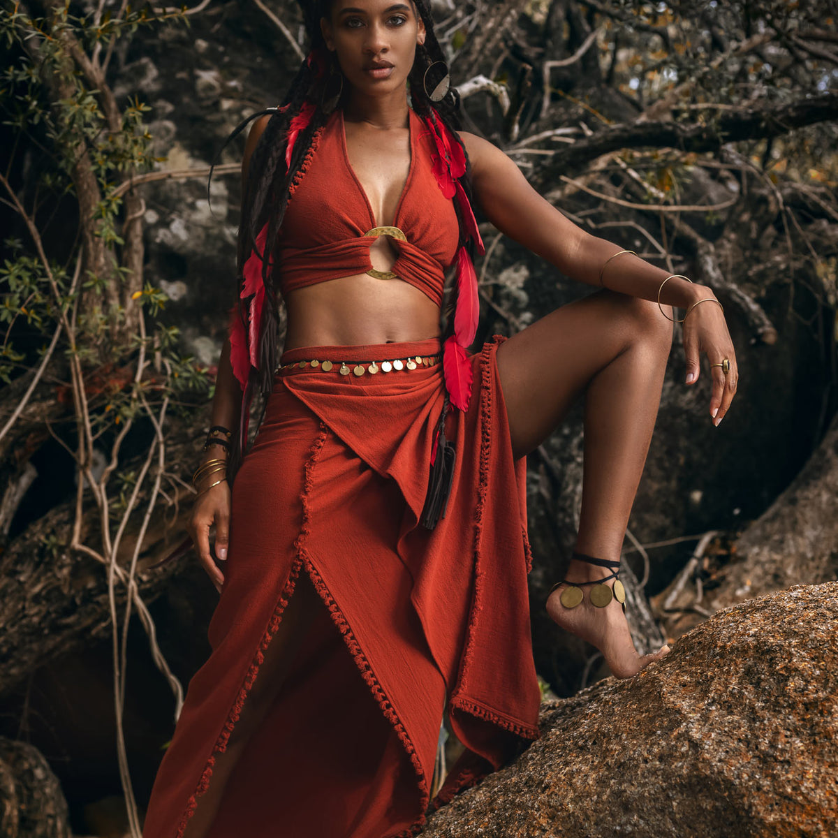 Red Boho Crop Top • Bohemian Top with Handmade Knots | AYA Sacred Wear